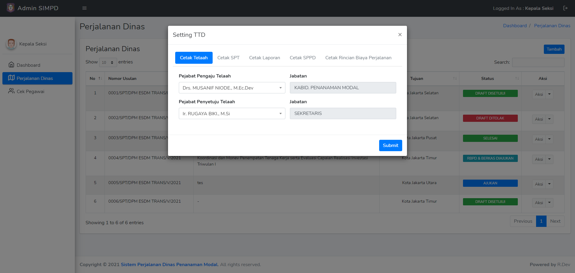 Sistem Informasi Perjalanan Dinas SPPD dengan framework laravel